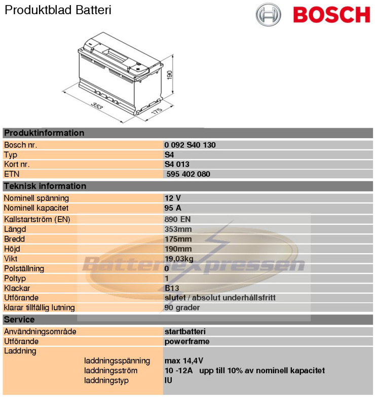 Bilbatteri 12V 95Ah Bosch S4013 DIN: 595402080 LxBxH:353x175x190mm ...